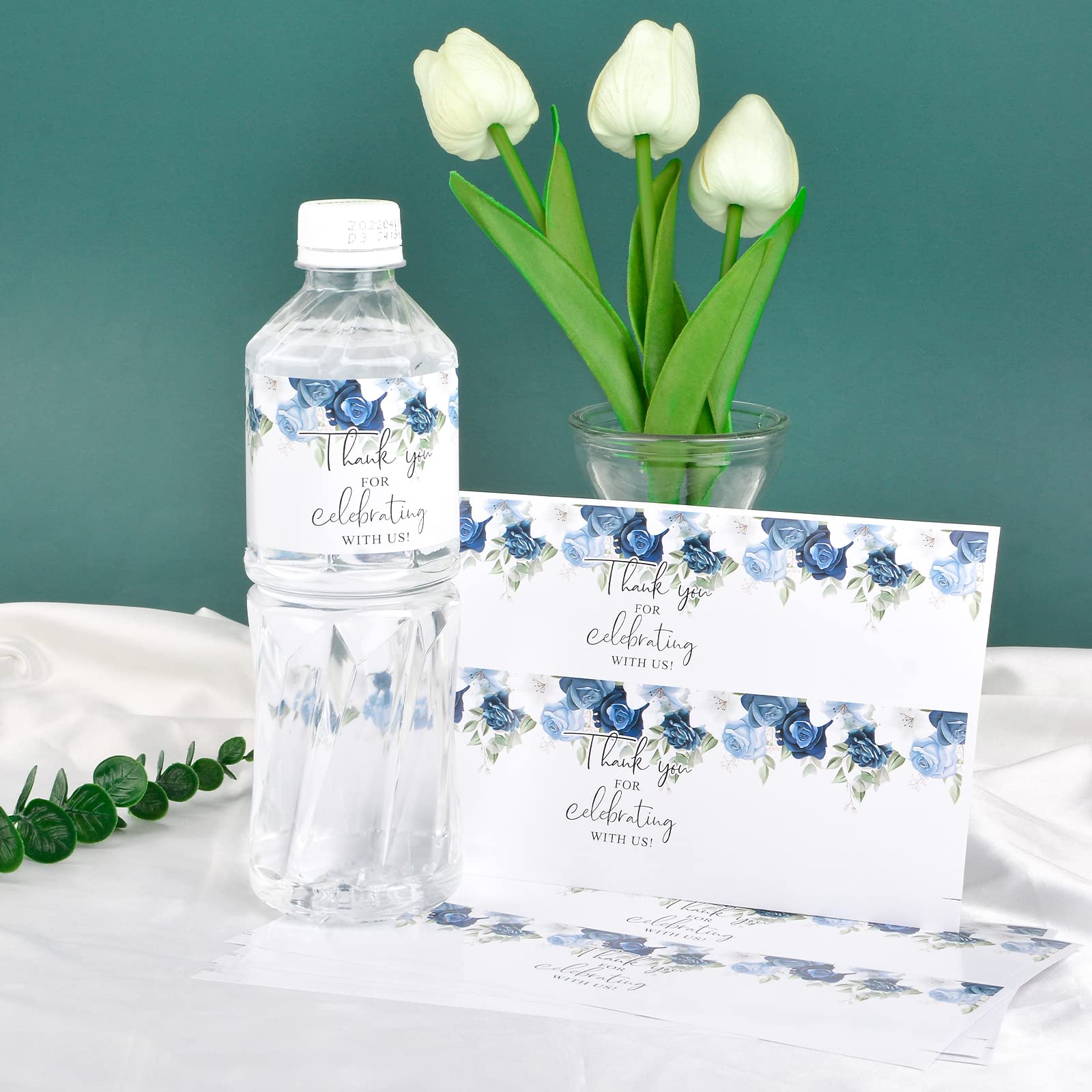 URROMA Wedding Water Bottle Labels, 50 Pcs Thank You White and Blue Rose Water Bottle Wraps Water Bottle Stickers for Birthday Baby Shower