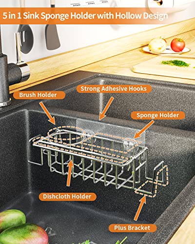 SWTYMIKI 5 in 1 Sink Sponge Holder for Kitchen, Stainless Steel Sink Caddy with Dishcloth Holder for Brush & Sponge in Kitchen Sink Sponge Organizer with 2 Strong Adhesives in Black