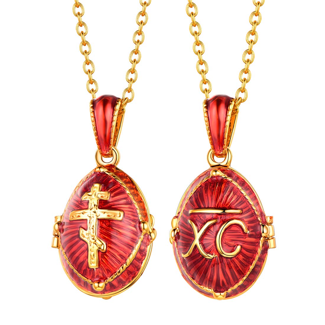 U7 Orthodox Cross Pendant 18K Gold Plated Red Enamel Locket Necklace for Women Men