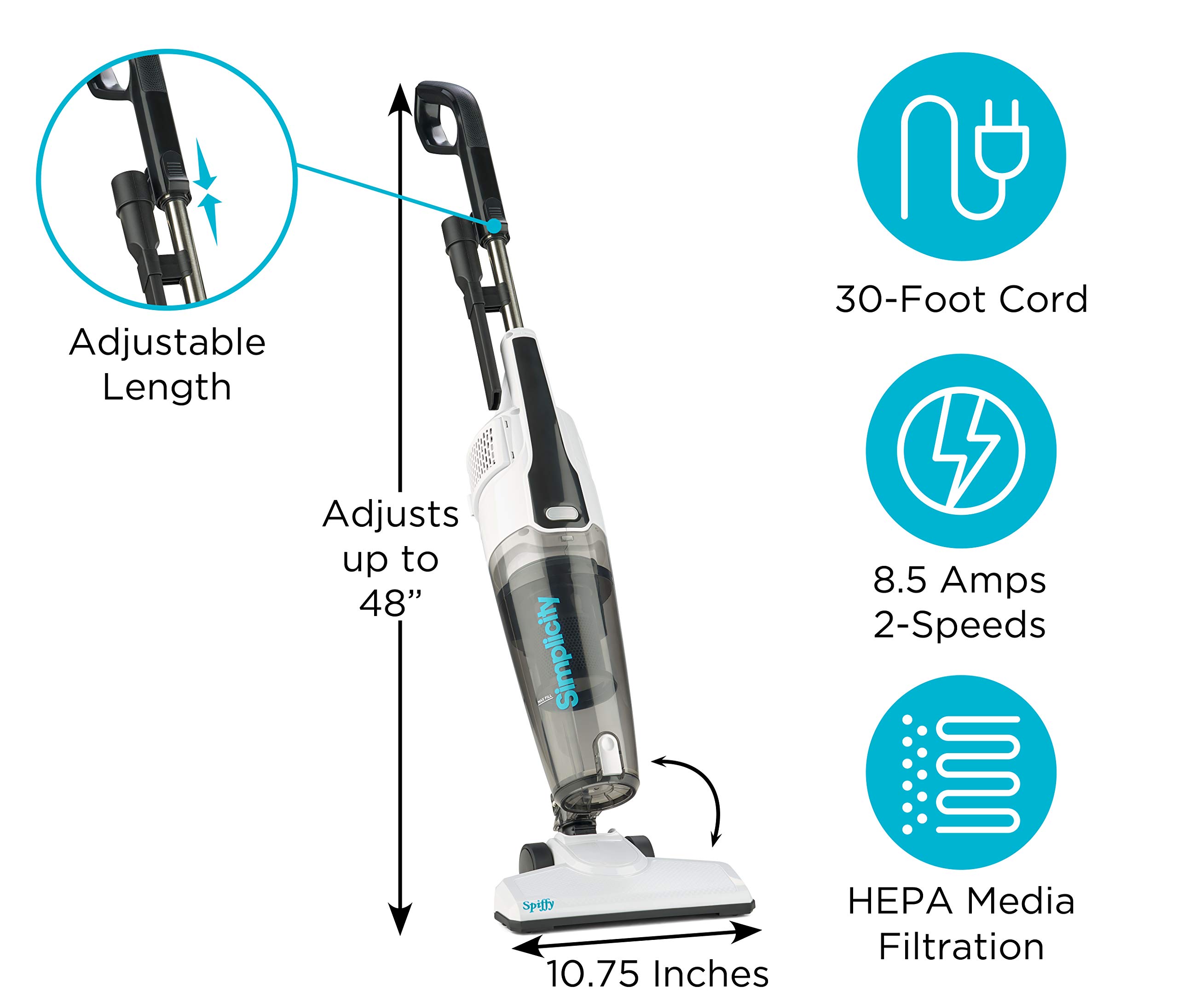 Simplicity Vacuums Corded Stick Vacuum Cleaner, Powerful Bagless Vacuum for Hardwood Floors with Two Speeds, Certified HEPA Filtration, S60 Spiffy