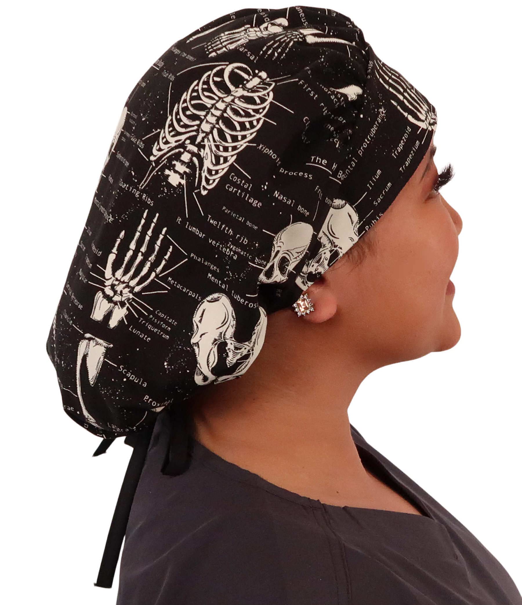 Sparkling EARTH Human Body Skeleton (Glow in The Dark) Banded Bouffant Ponytail Classic Surgical Style Scrub Working Cap - Made in The USA!