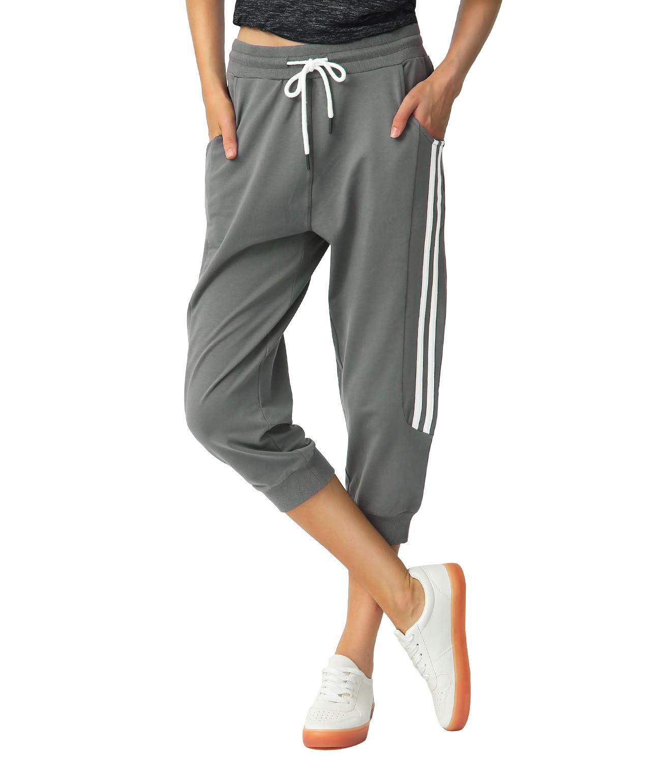 SPECIALMAGIC Women's Capri Pants Cropped Joggers with Pockets Elastic Waist Drawstring Capri Sweatpants Dark Grey Large