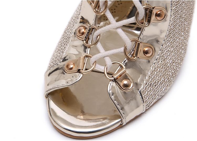 Purubylley Women's High-heeled Open-toe Hollow Mesh Boots,fish Mouth Dress Stylish Zipper Closure Sandals,Latin Dance Boots Performance Training Shoes (gold,6)