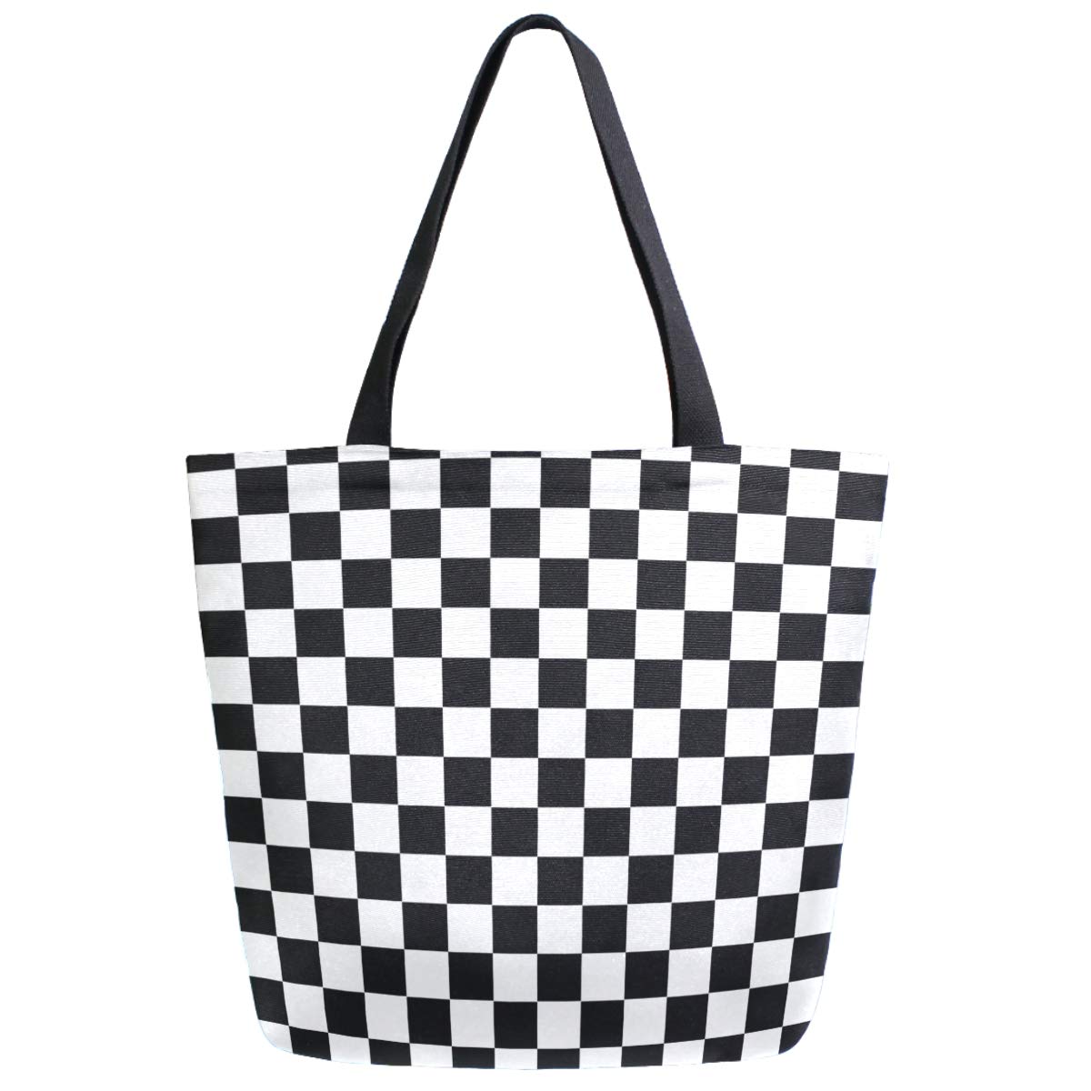 ZzWwR Stylish Racing Flag Checkers Extra Large Canvas Market Beach Travel Reusable Grocery Shopping Tote Bag Portable Storage HandBags(Black White)
