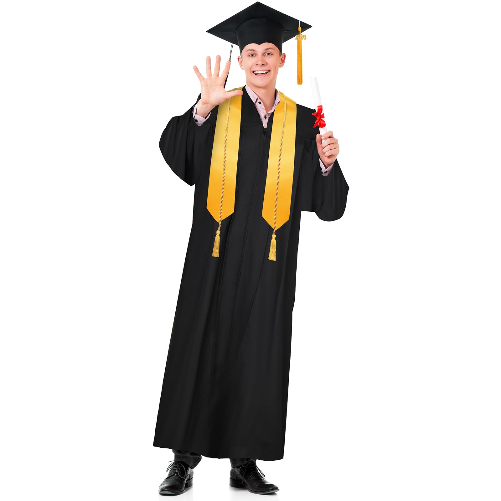 Syhood 4 Pieces 2024 Unisex Graduation Matte Gown Cap Tassel Stole Set Honor Cord 2024 Charm for Graduation(Black, Golden, 51)