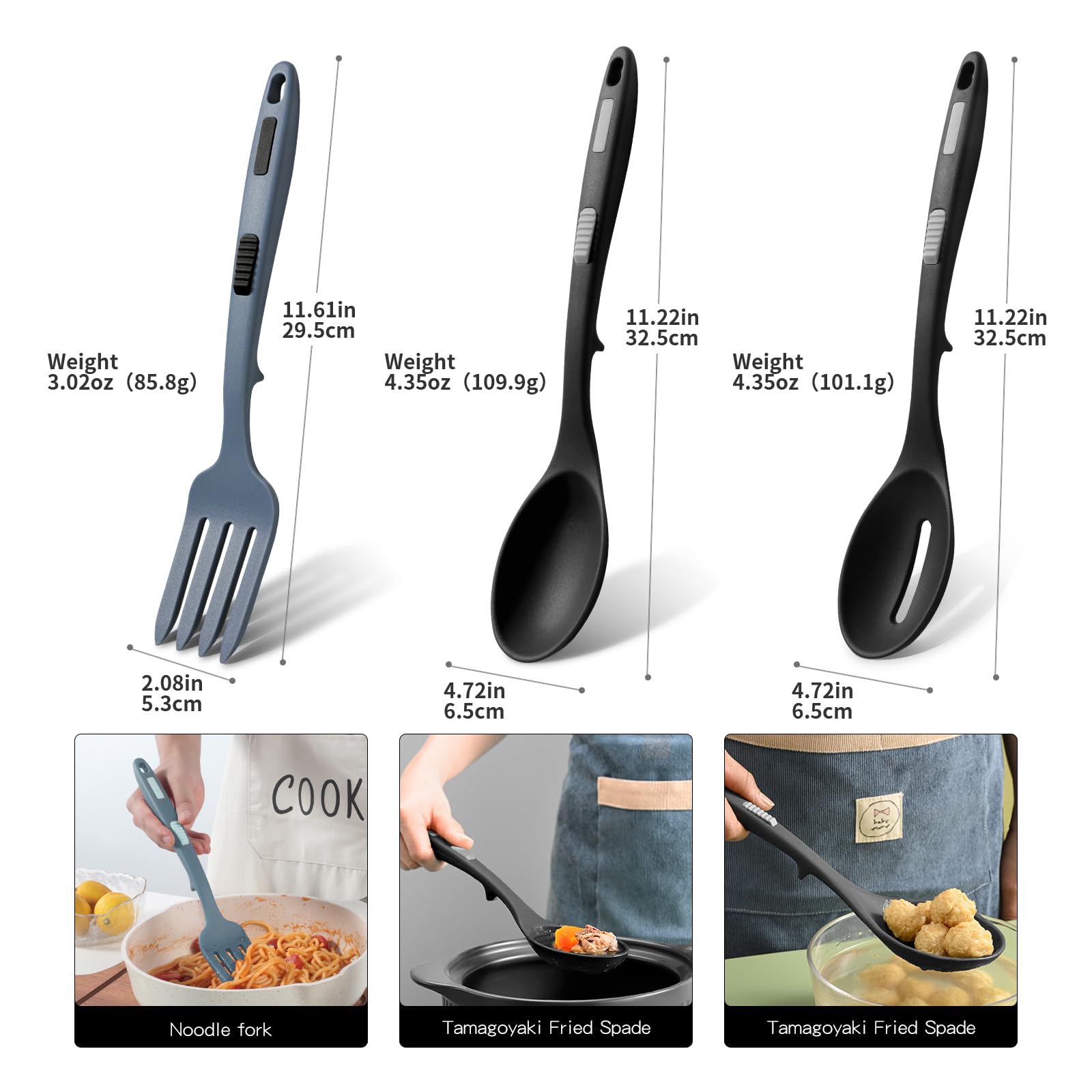 Silicone Flexible Forks for cooking,Black Slotted Spoon 500℉ Heat Resistant,Silicone spoon kitchen spatula set,for noodles,pasta and salad 4-Pcs BAP Free Dishwasher safe