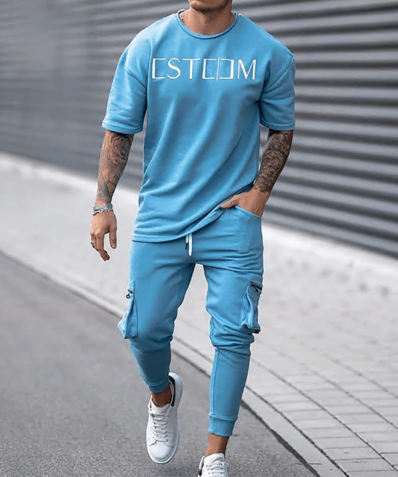TZIISOA Men's Tracksuits 2 Piece Outfit Casual Short Sleeve Sweat (Blue,L)