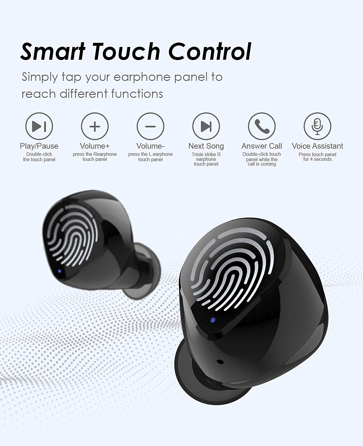 Tecno True Wireless Earbuds Noise Cancelling, Wireless Bluetooth Headphone with Microphone, Wireless in Ear Earbuds with Charging Case, Touch Control Waterproof with Mic Deep Bass for Sport Black, H2