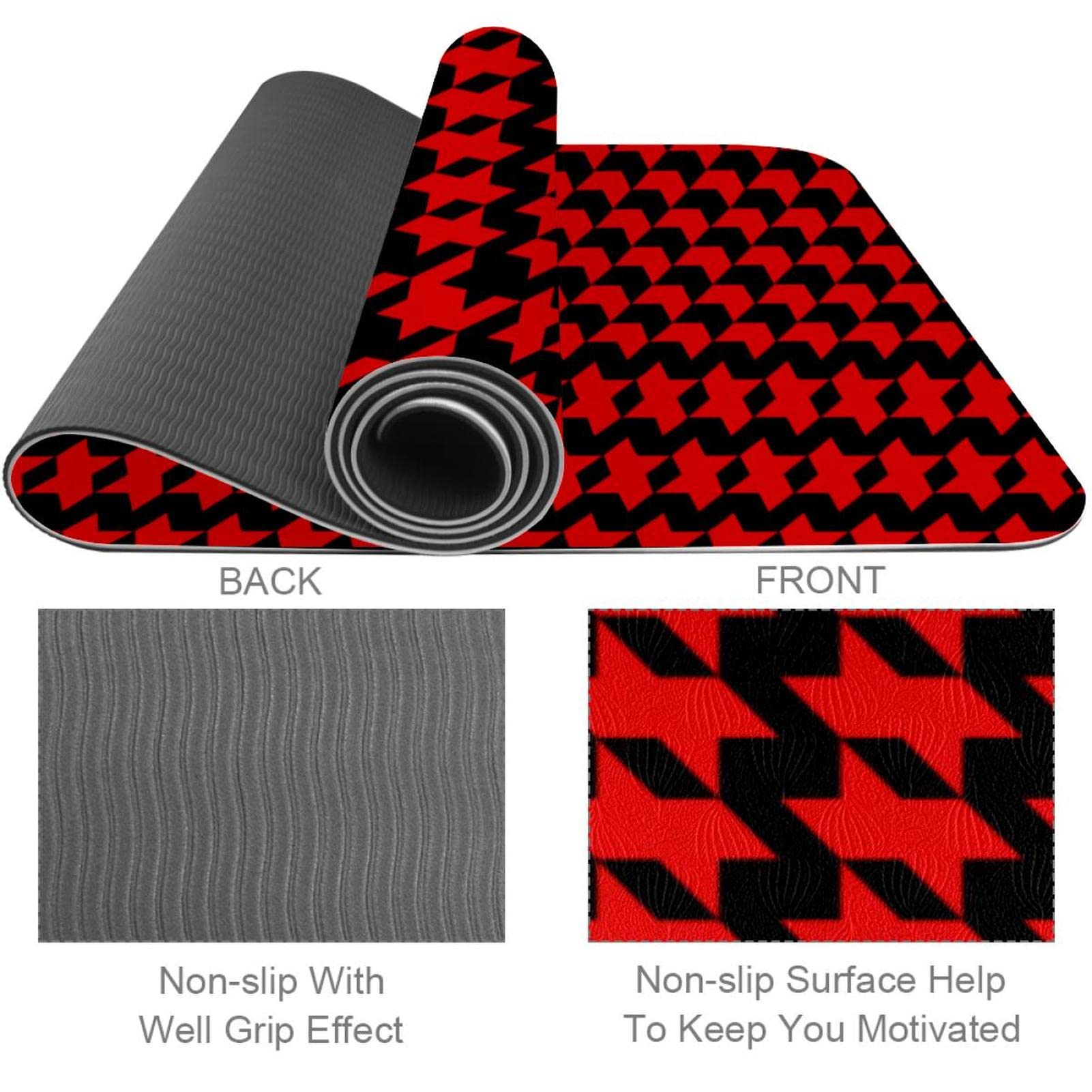 Yoga Mat, Yoga Mats for Home Workout, Workout Mat, Exercise Mats, Pilates Mat, Rustic Black Red Houndstooth Check Plaid