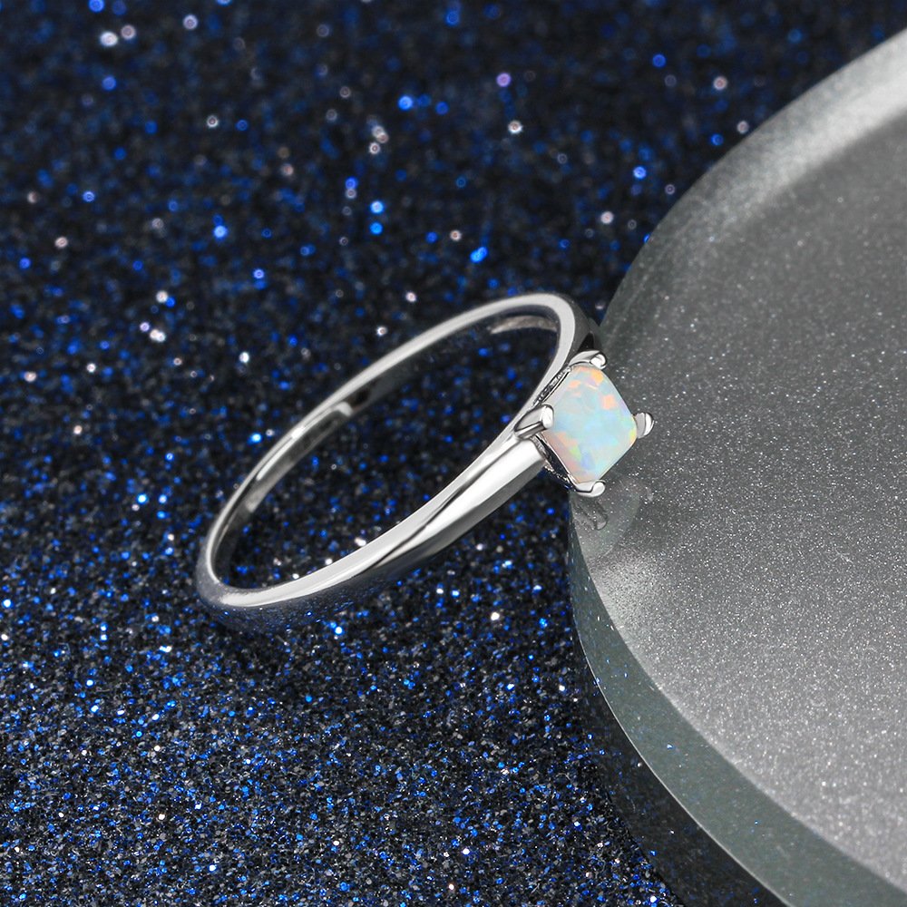SILBERTALE Opal Ring 925 Sterling Silver Small Birthstone Princess Cut Opal Solitaire Promise Engagement Ring Women Stacking Wedding Band Size 7
