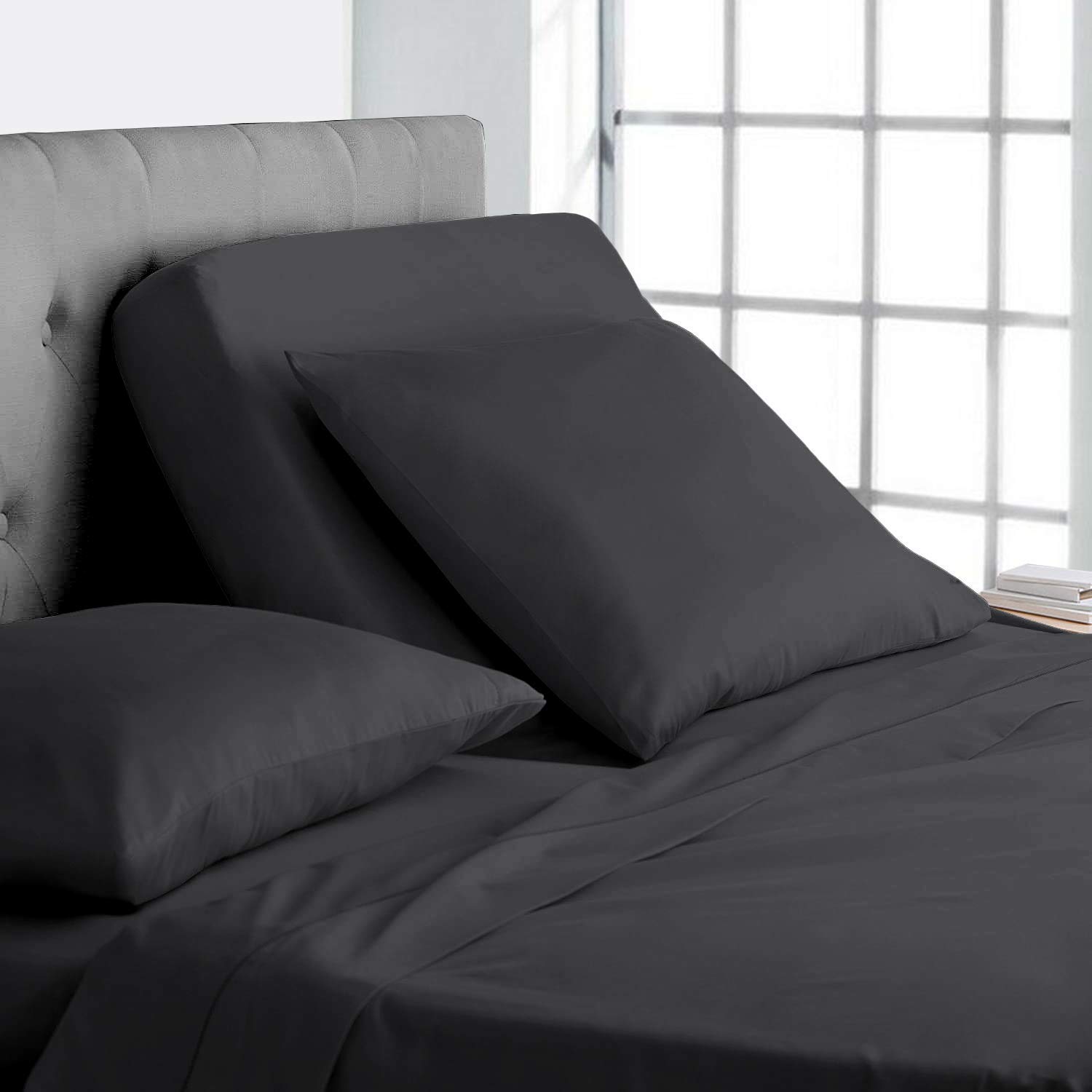 Split Top California King (Adjustable, Flex Top Cal-King Size) 100% Egyptian Cotton, Dark Grey Solid, 800 Thread Count, Sateen Weave, 15 inch Deep Pocket Bed Sheet Set - Split Down 34" from The top