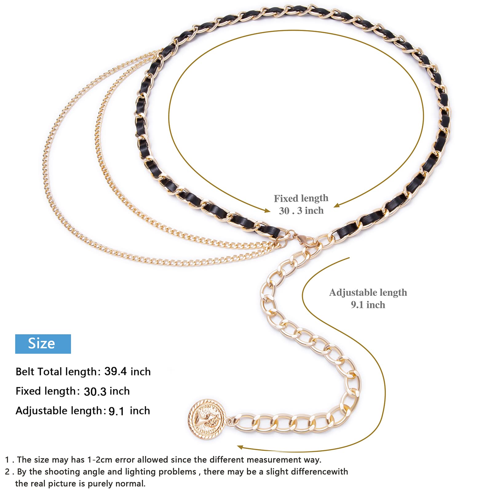 Women's Chain Belts Leather Multilayer Metal waist chains Adjustable Link Belts Body Chain Plus Size for Ladies Dress Jeans, 01black, 105cm