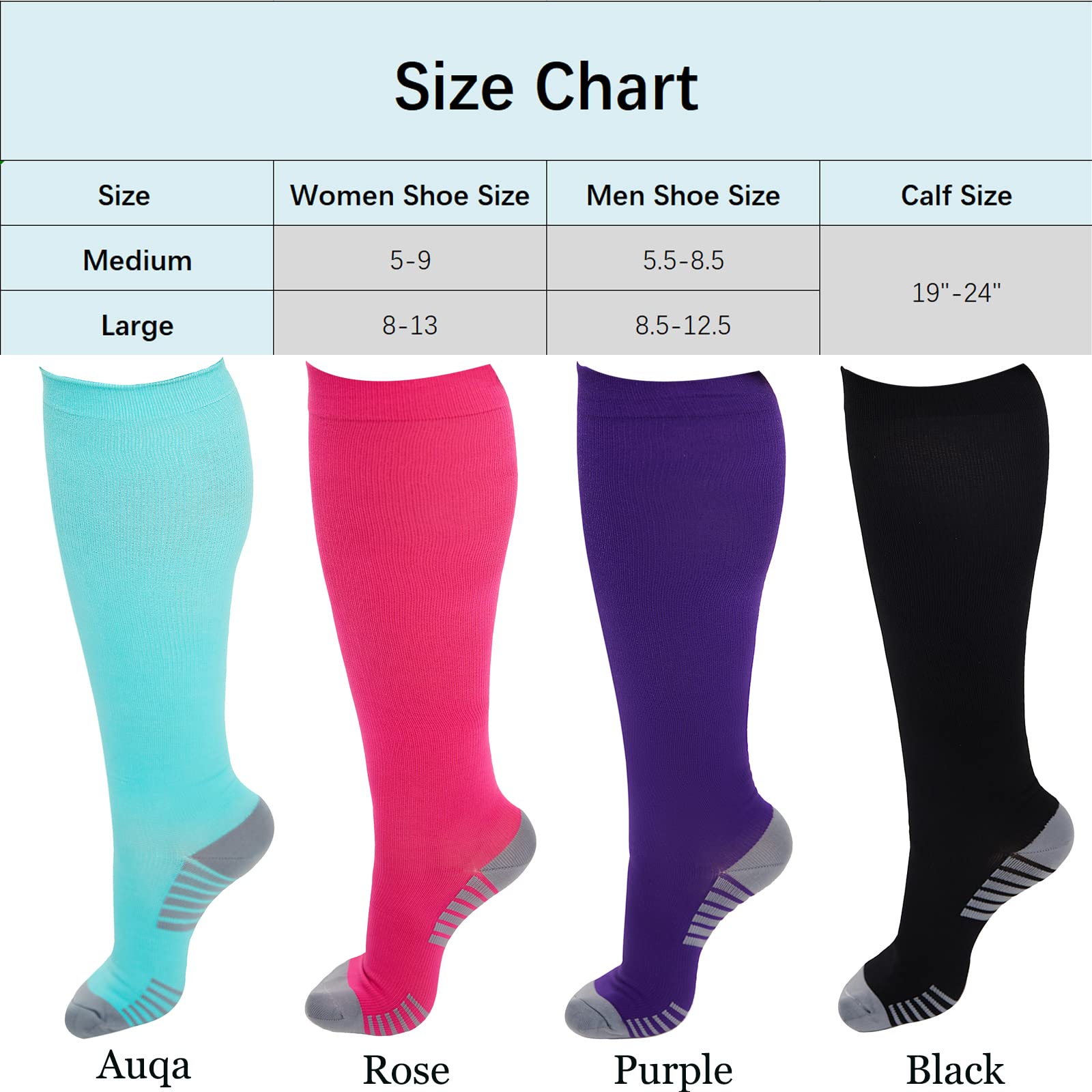 Wide Calf Compression Socks for Women & Men Plus Size 15-20 mmHg (Large, Black)