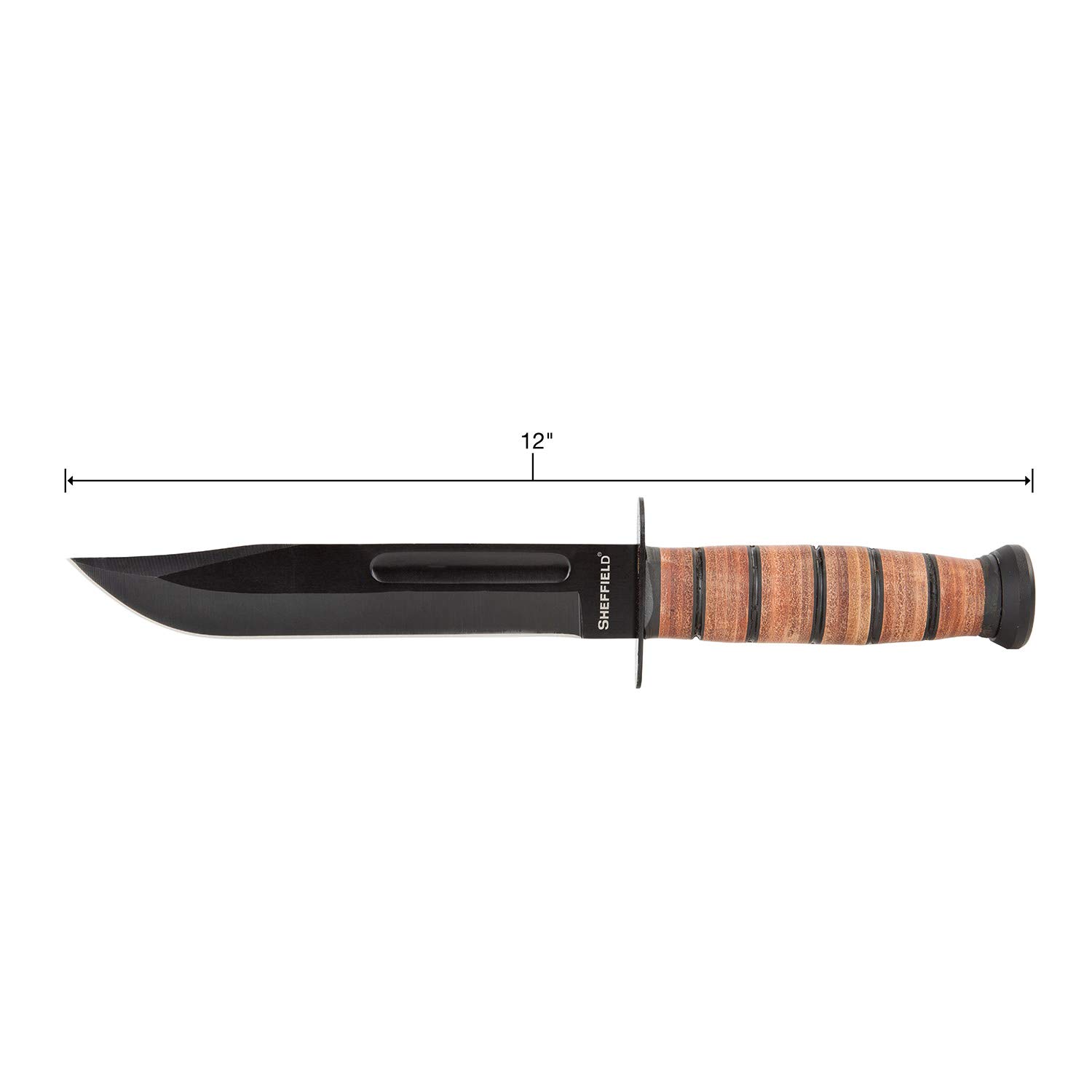 Sheffield 12693 Military Gear Fixed Blade Knife, 7 Inch Clip Point Full Tang Knife, 5 Inch Stacked Leather Handle, Fixed Blade Knife with Sheath