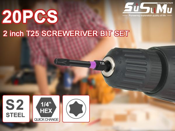 t25 torx bits for impact driver,SuSuMu 20 Pieces T25 2 In. Impact Tough Magnetic #25 Torx Head Power Bits, S2 Alloy Steel T25 Screwdriver Bits Set