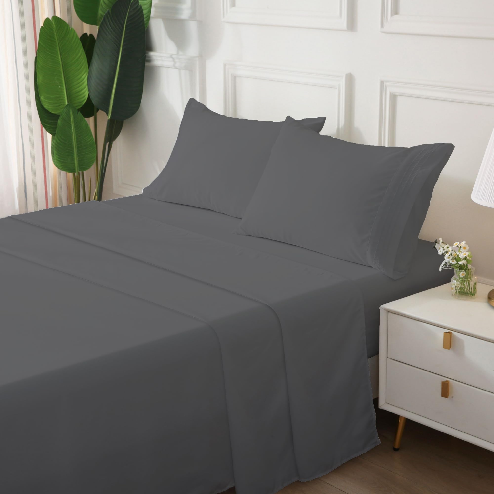 Queen Size Sheet Set Dark Grey Bed Sheet 4 PC Luxury Hotel Set Cooling Deep Fitted Pocket Buffy Sheet Adjustable Soft Beding Breathable Linen Microfiber High Thread Count Easy Care Bedroom Decor