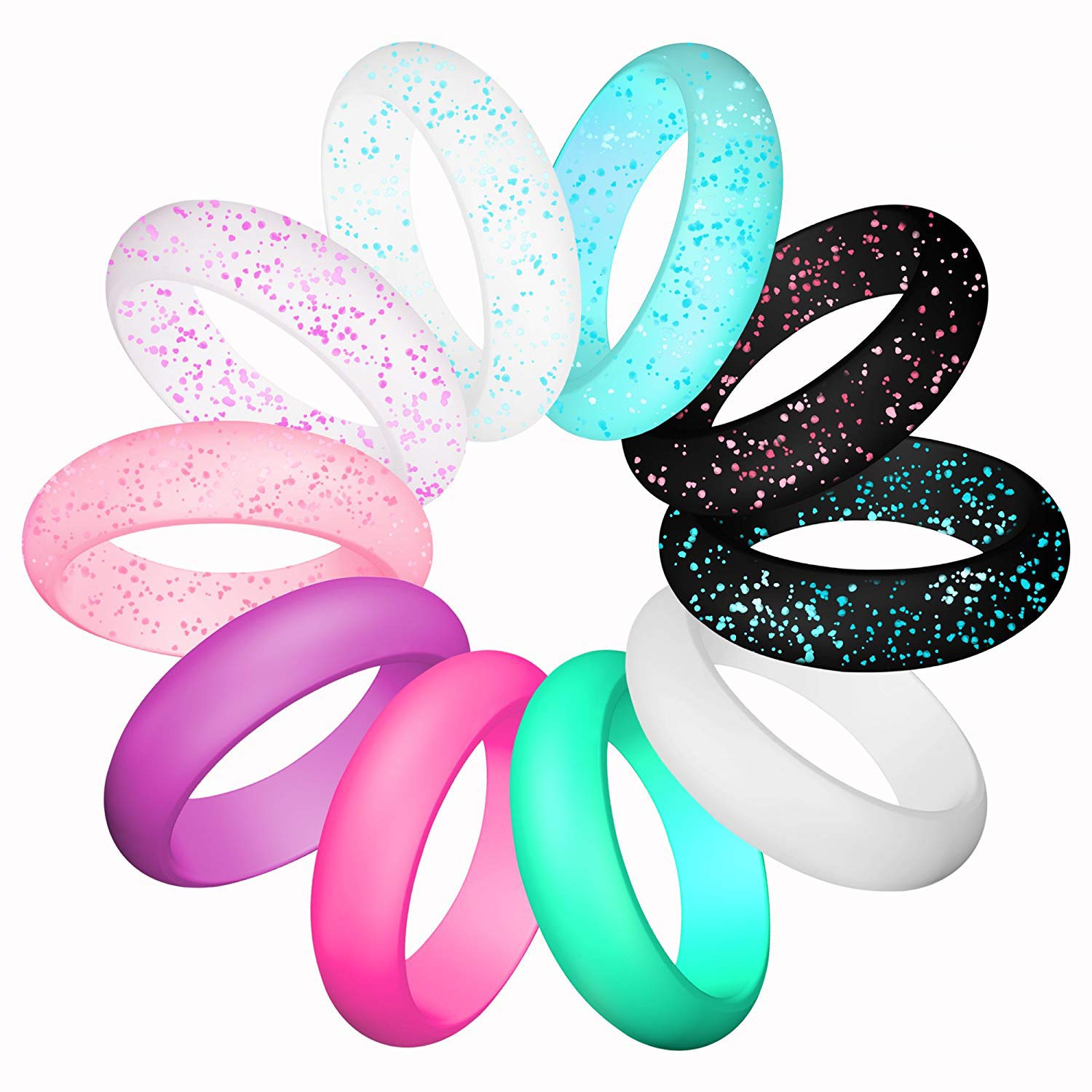 Silicone Wedding Ring for Women, LUNIQI Thin and Stackable Durable Rubber Safe Band for Love, Couple, Souvenir and Outdoor Active Exercise Style-10 Rings Pack