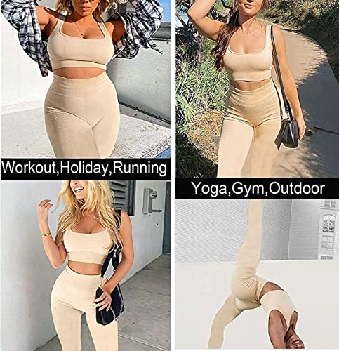 TWFRHC Women's Workout Sets 2 Piece Ribbed Seamless High Waist Gym Outfit Yoga Leggings Sets