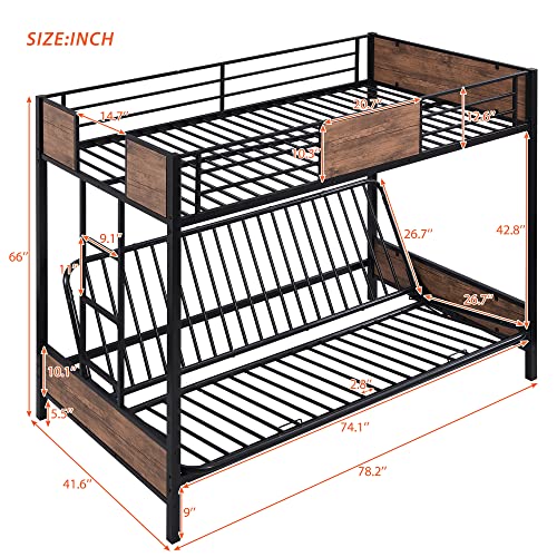 Polibi Twin-Over-Futon Couch and Bed, Metal Futon Bunk Bed with Guardrails and Ladder (Black)