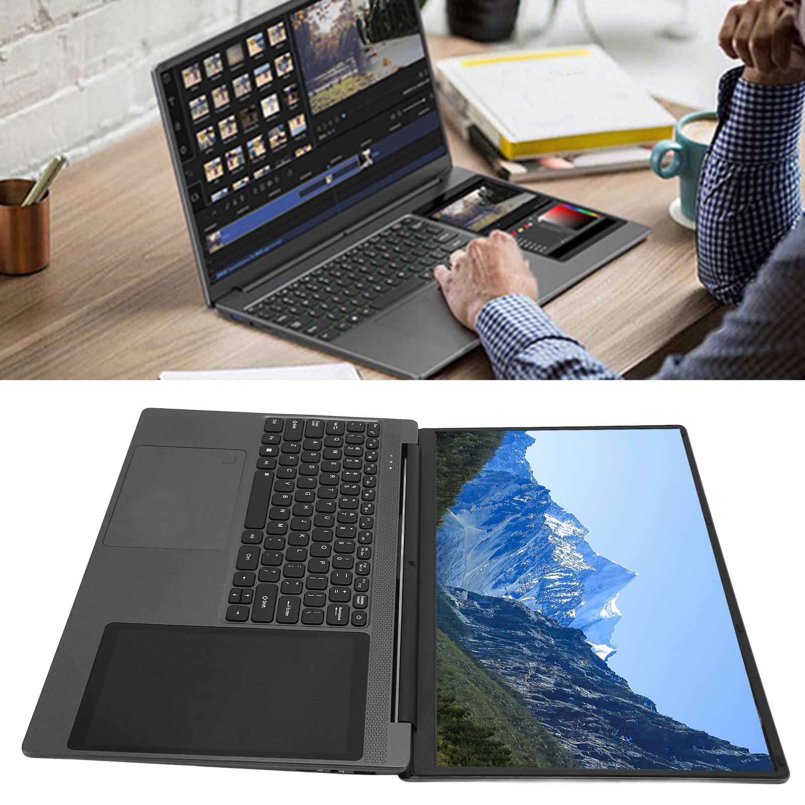 PUSOKEI 15.6 Inch 7 Inch Touch Screen Dual Screen Laptop Computer, 1920x1080 Business Laptop Support Win11, 16G LPDDR4 College Laptops, 8000mAh Battery, for Intel Processor N5095 (US