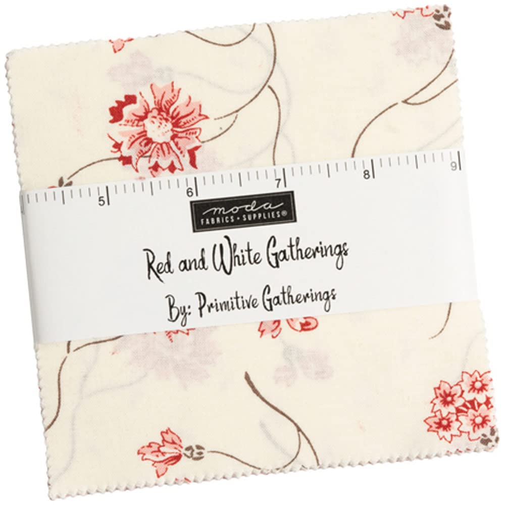 Red and White Gatherings Charm Pack by Primitive Gatherings; 42-5" Precut Fabric Quilt Squares