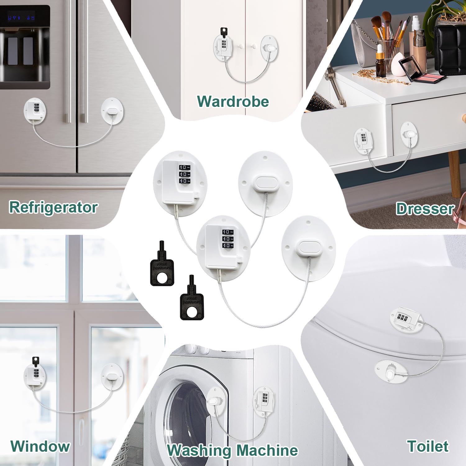 Refrigerator Door Lock keyless, Proof Fridge Lock Combination File Drawer Lock, Safety Cabinet Locks, Strong Non-Marking Adhesive Cupboard Lock for Pantry Freezer and More (2PCS-White)