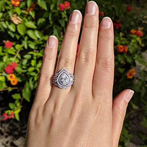 Sterling Silver Cubic Zirconia Dainty Two Piece Pear and Marquise Shaped Halo Engagement Ring CZ Trio Ring Stackable Bridal Set (Size 7)