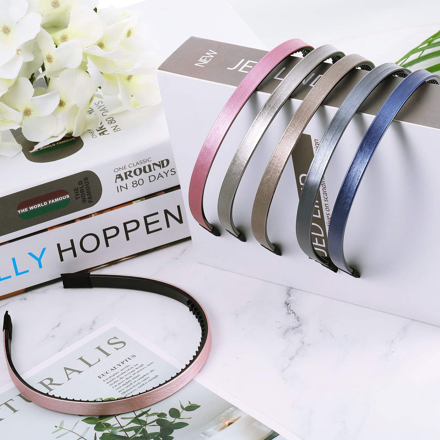 WILLBOND 6 Pieces Skinny Leather Covered Headband Plastic Skinny Headband Hair Loop Clasp Hairbands Solid Simple Headband for Women(1.1 cm,Lustrous Pink, Rose Red, Blue, Gold, Silver and Grey)