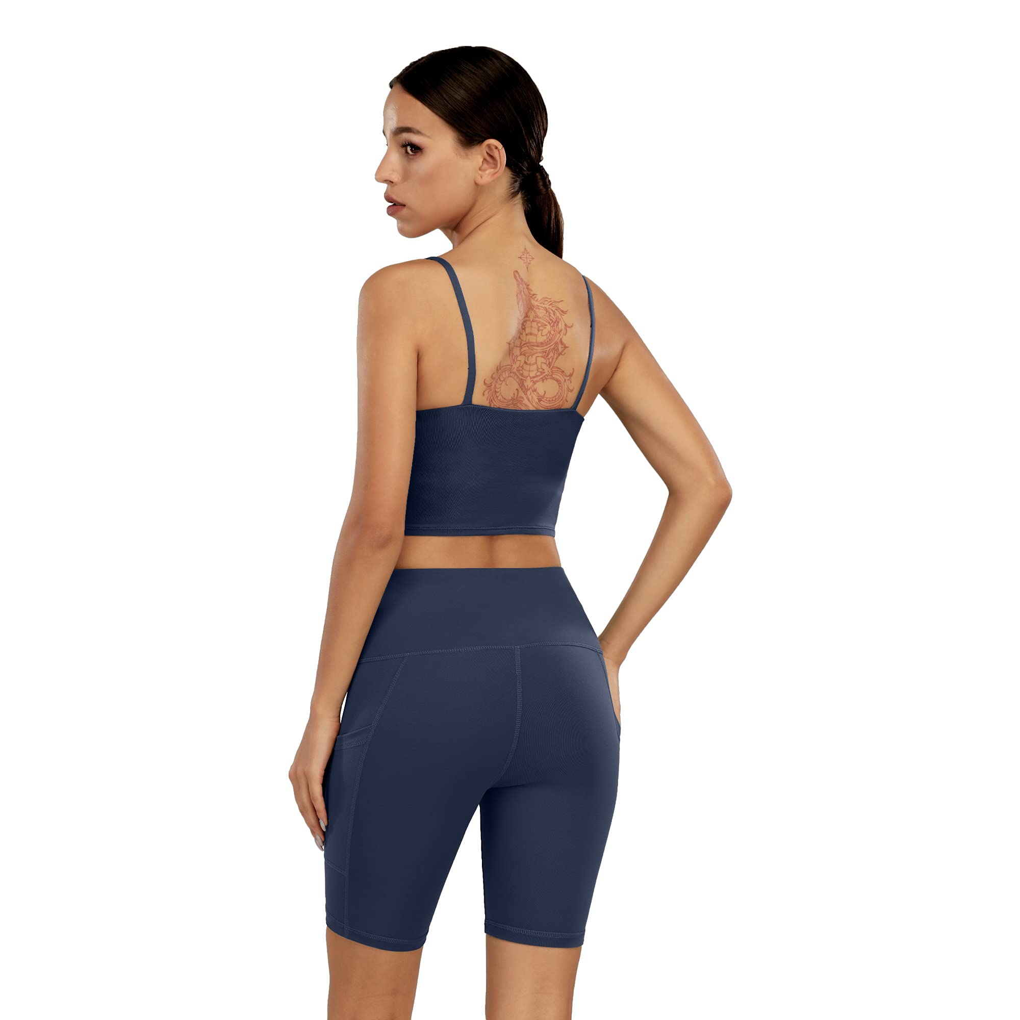TALACCA Outfits GYM Shorts Set Workout Running Crop Top with Sports Bra, Navy M