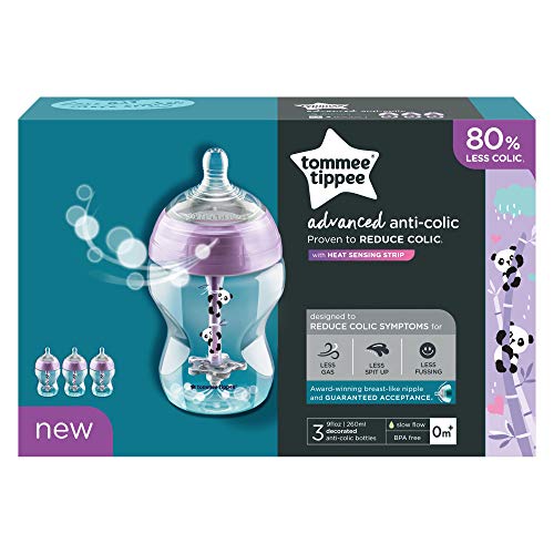 Tommee Tippee Anti-Colic Baby Bottles, Slow Flow Breast-Like Nipple and Unique Anti-Colic Venting System, 9oz, 3 Count, Purple Pandas