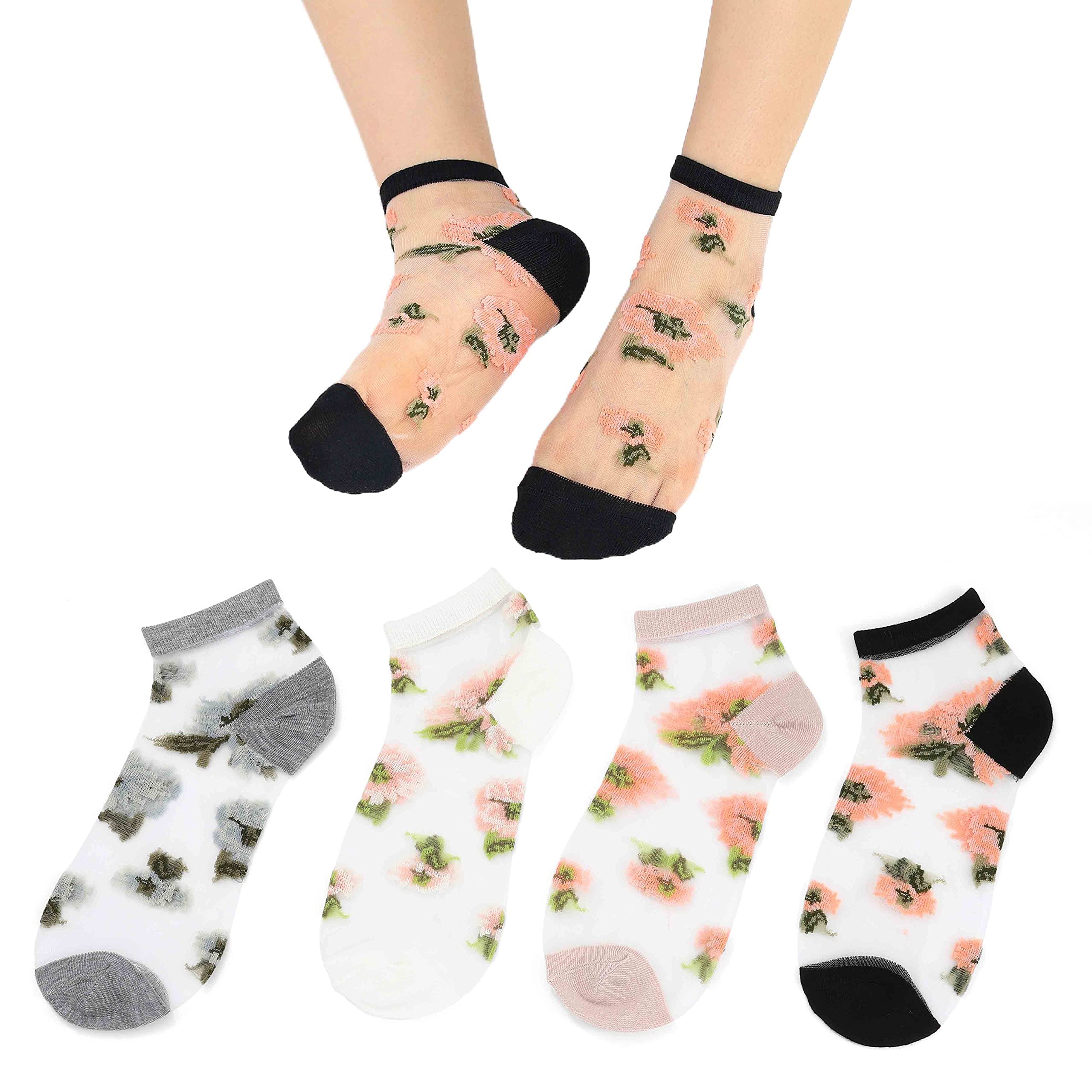 Woeoe Sheer Mesh Short Ankle Socks Floral Ultrathin Transparent Lace Summer Socks Thin See Through Silk Short Stockings for Women Girls(4 Pairs)