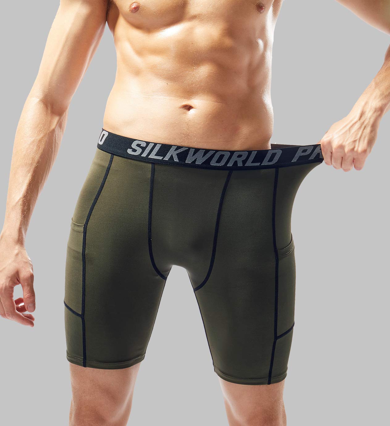 SILKWORLD Men's Compression Shorts Pockets Sports Running Tight,Dark Olive Green,L