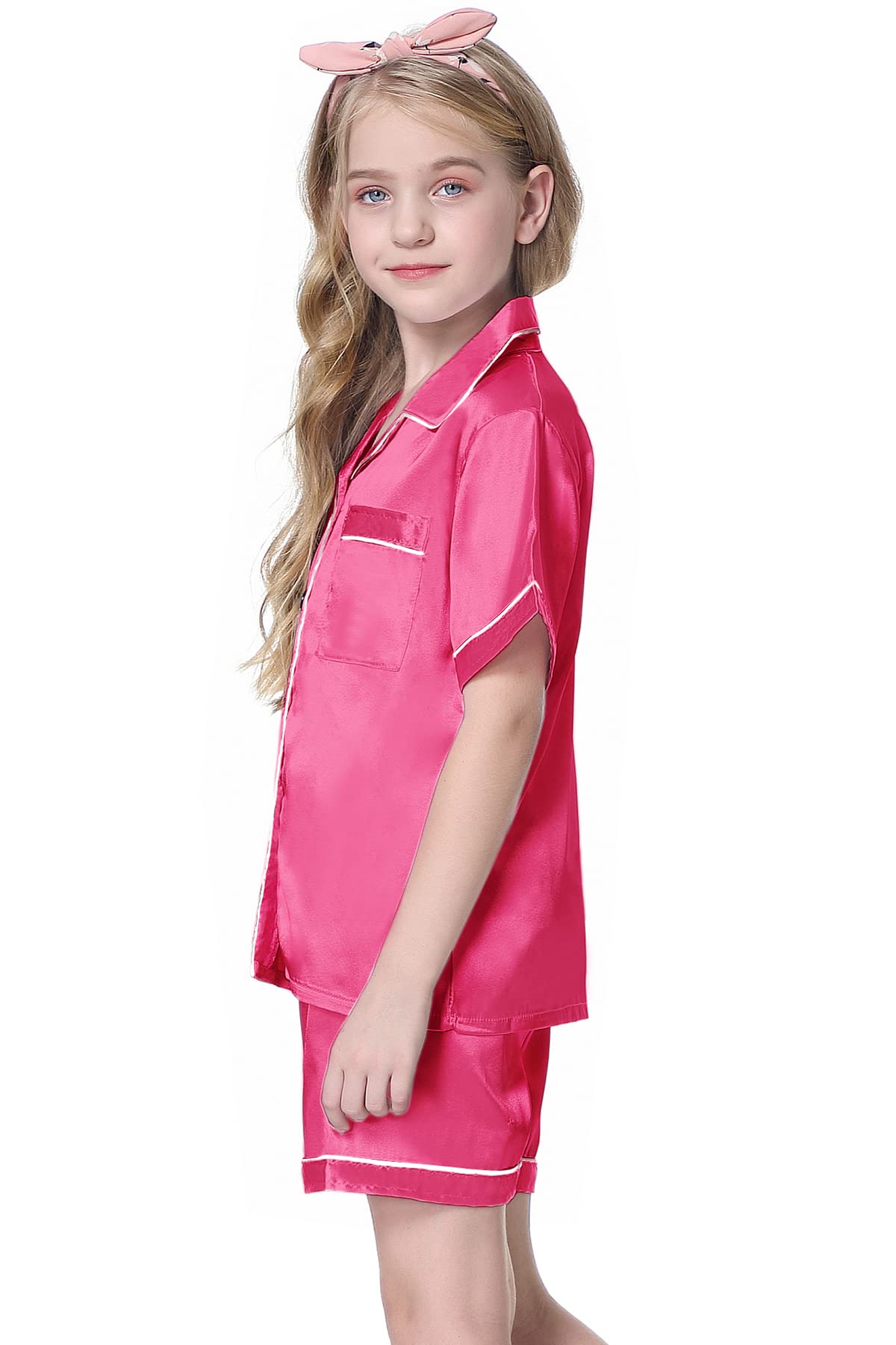 Schbbbta Satin Pajamas for Womens, 2 Pcs Sleepwear Short Sleeve Silk Satin Pajama Outfit for Girls, Hot Pink, US S