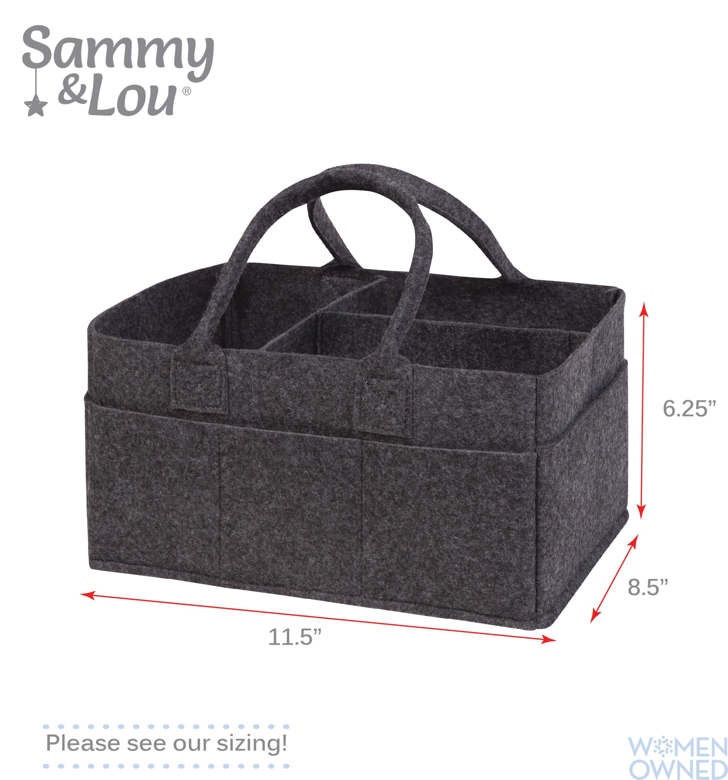 Sammy & Lou Collapsible Charcoal Gray Felt Storage Caddy, Divided Design To Keep Diapers, Wipes And Changing Items Organized, Two Handles, 11.5 in x 6 in x 8 in