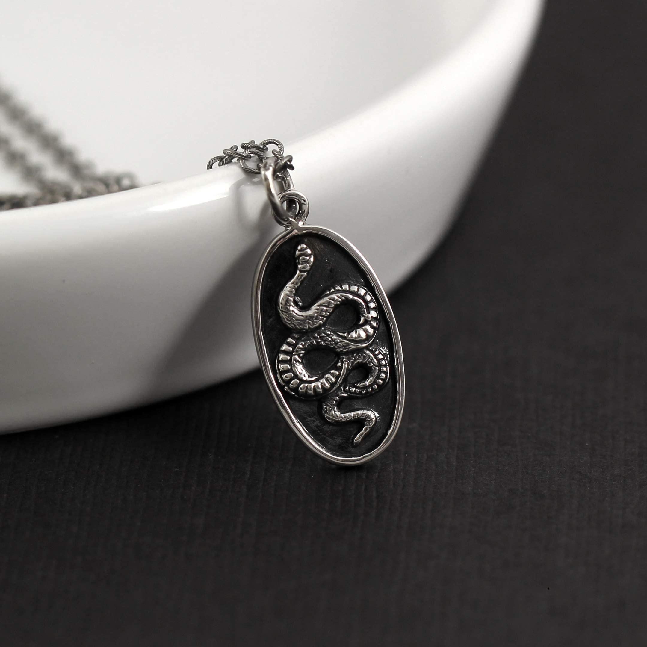 Two Cups Sterling Silver Oval Snake Pendant Necklace • Snake Spirit Talisman • Antiqued Sterling Silver Chain
