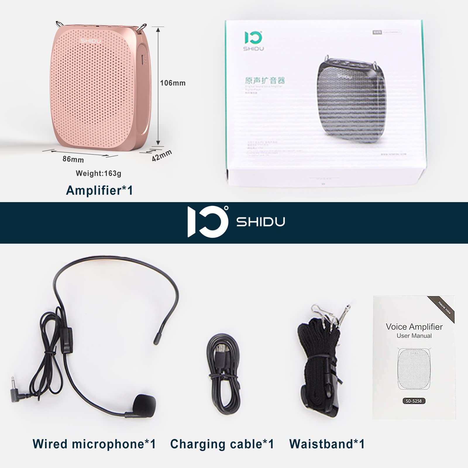 SHIDU Voice Amplifier Teachers,Megaphone Speaker Portable PA System with Microphone Headset(Work of 12hours) Supports MP3 Format Audio for Tour Guides Coaches Yoga Fitness Instructors