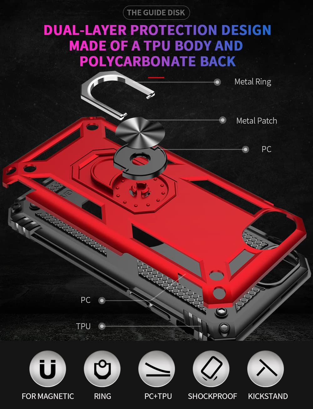 SunStory for iPhone SE 2022 Case, iPhone SE 2020/8/7 Case with HD Screen Protector & Magnetic Ring Kickstand,[Military Grade] Cover for iPhone SE 2022/SE 2020/8 /7 Phone (Red)