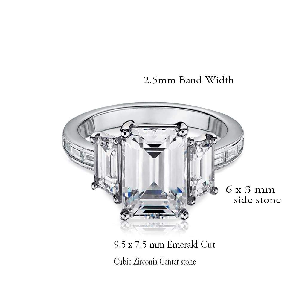 Samie Collection Emerald Cut CZ & Baguette Cubic Zirconia 3 Stone Engagement Rings for Women, Wedding Ring Band in White Gold Plating, Size 5-10