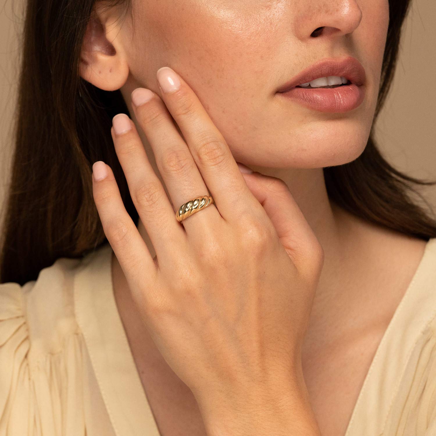 Sewens 3PCS 18k Gold Plated Croissant Braided Twisted Signet Chunky Dome Ring Stacking Band for Women Jewelry Minimalist Statement Ring