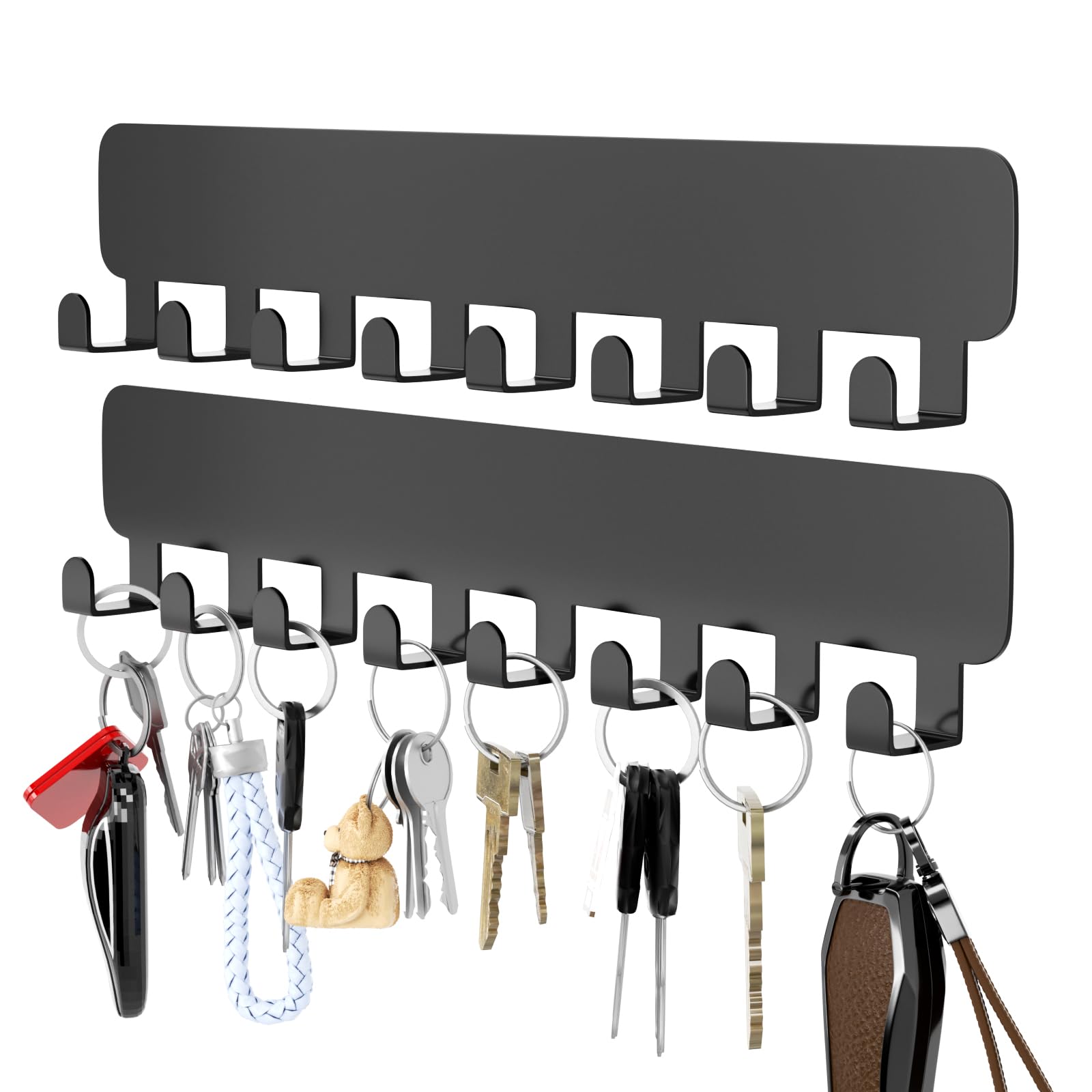 pickpiff 2 Pack Key Holder for Wall Adhesive, Key Hooks with 8 Hooks Wall Mounted, Black Key Hangers for Wall Decor No Drill for Living Room, Kitchen, Office