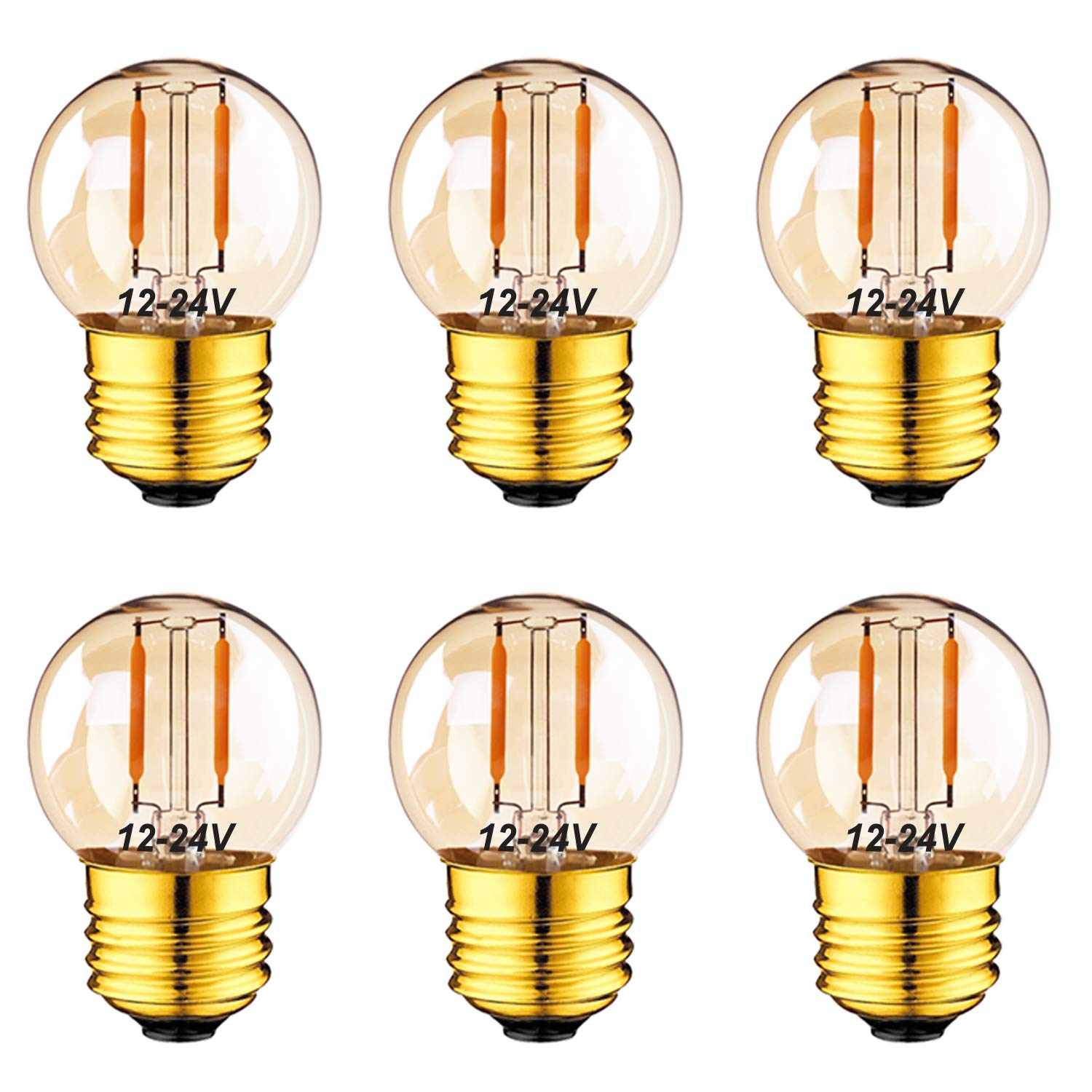 Sphoon 12volt 24Volt LED Light Bulb 1W Edison Filament Vintage ac/dc12V 24V Low Voltage (Yellow Warm 2200K) E26 Base for Landscape RV Camper Marine Battery Power System Off Grid Solar Lighting 6pack