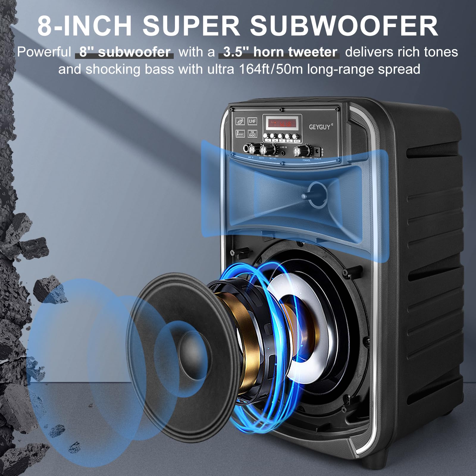 Portable Bluetooth PA System with Wireless UHF Microphone, 8 inch Rechargeable Karaoke Machine,8 inch Subwoofer,FM/LED/TWS/LINE in (GTSK8-2)