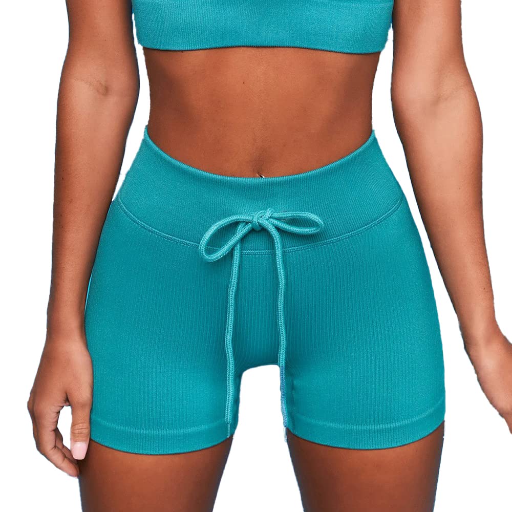 Women's Ribbed Seamless Leggings High Waisted Workout Gym Yoga Shorts (S, Shorts - Lake Blue)