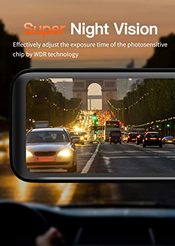 WOLFBOX 3 Channel Mirror Dash Cam 12" Full HD Touch Screen Backup Camera with Detached 1080P Front and Rear View Dual Recording Night Vision GPS Parking Assistance