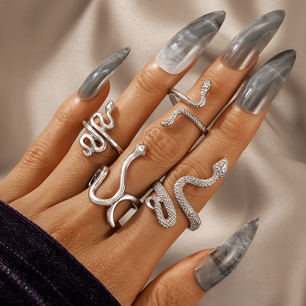 Wekicici 4pcs Snake Rings Set Boho Adjustable Open Stackable Ring Vintage Silver Knuckle Trendy Rings Sets for Women Girls Teens(Silver)