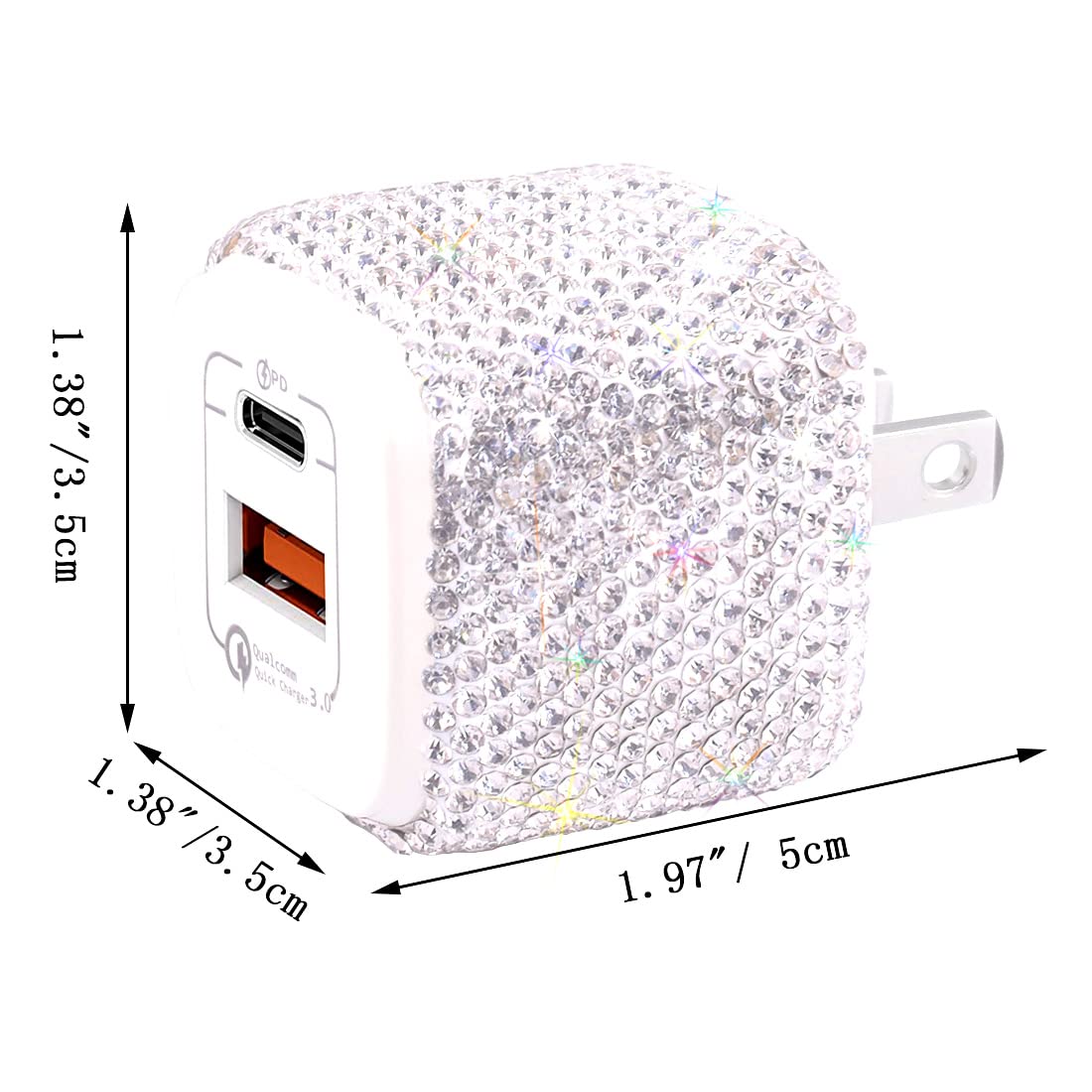 USB C Wall Charger 20W Bling PD & QC 3.0 2 Port Charger with 20W Mini USB-C Power Adapter Compatible with iPhone iPad AirPods Samsung Galaxy and More