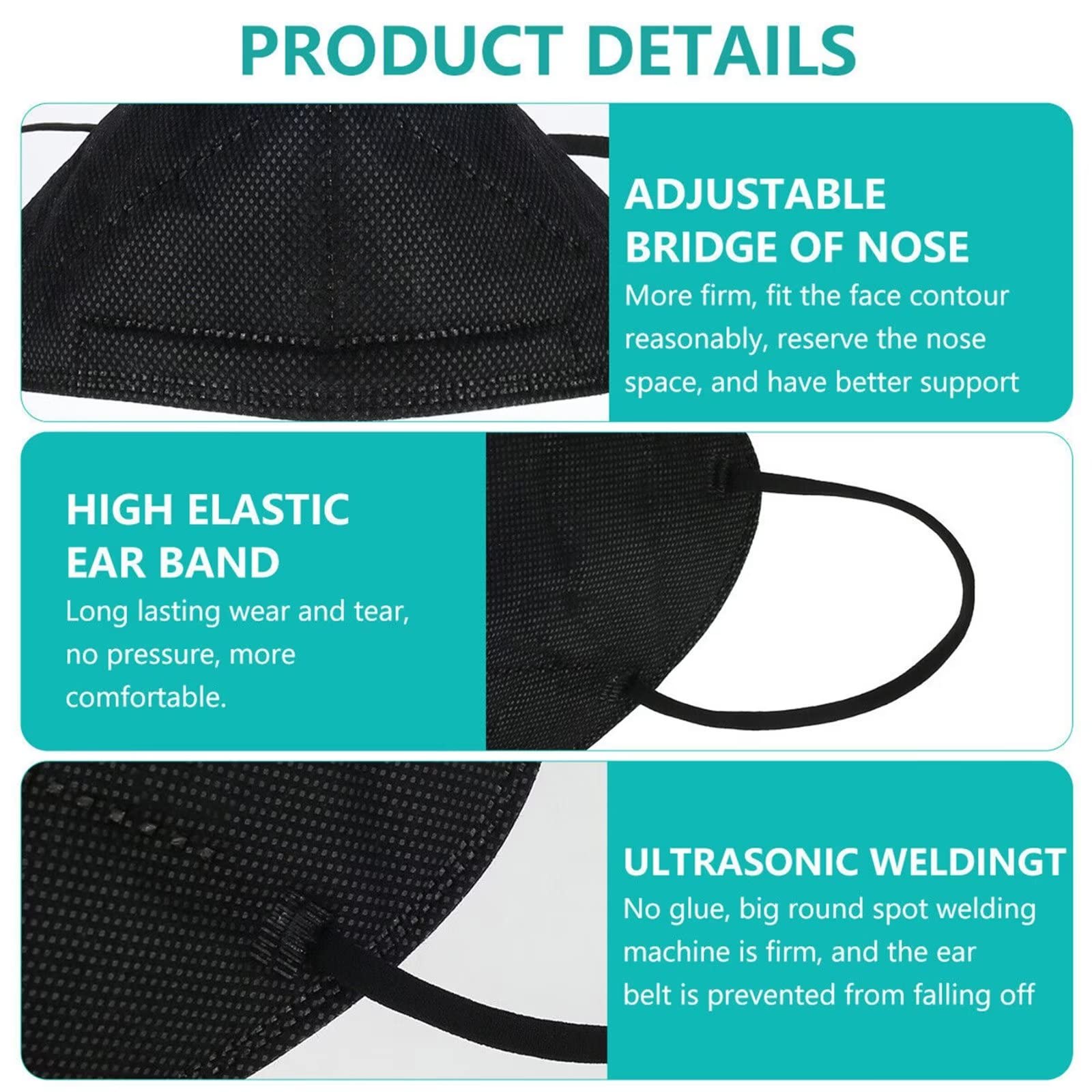 YUAKOU KN95 Protective Face Masks 50pcs, Breathable Comfortable, Disposable Individually Wrapped,5-Ply Protection KN95 Adults Mask Black
