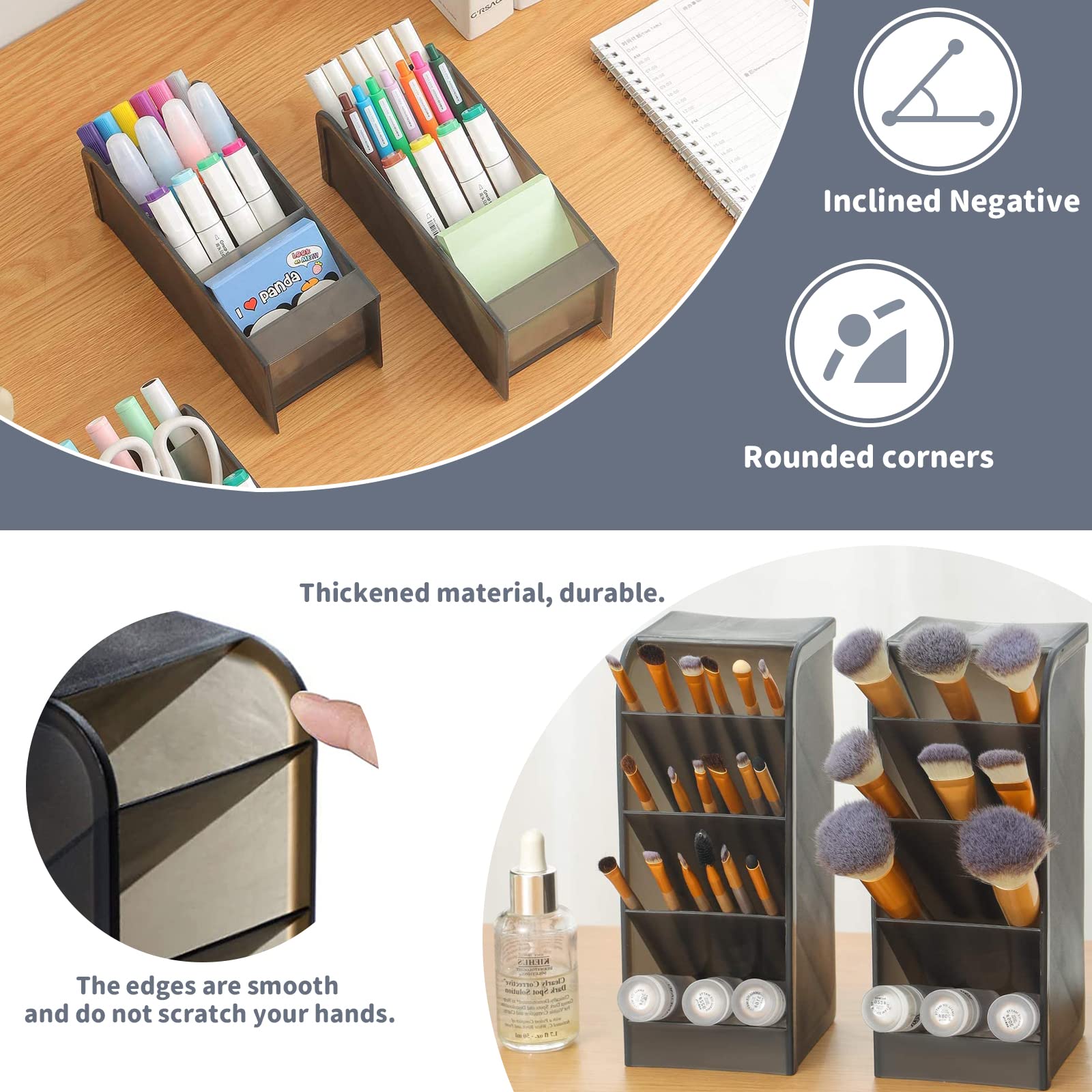 Pen Holder, Pen Organizer Storage, 2 Pcs Desk Organizer Pen Holders, Pencil Holder with 4 Compartments for Office, School, Home Supplies (Black)