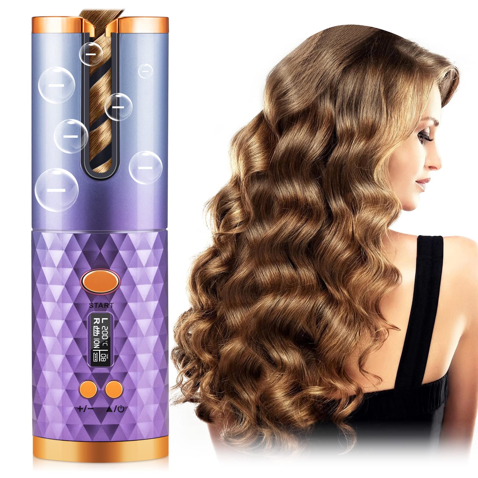 Paddsun Automatic Curling Iron, Cordless Auto Hair Curler, 6 Temp and Timer Portable and Rechargeable Curling Iron, Ceramic Rotating Hair Curler, Auto Shut Off, 18s Fast Heat