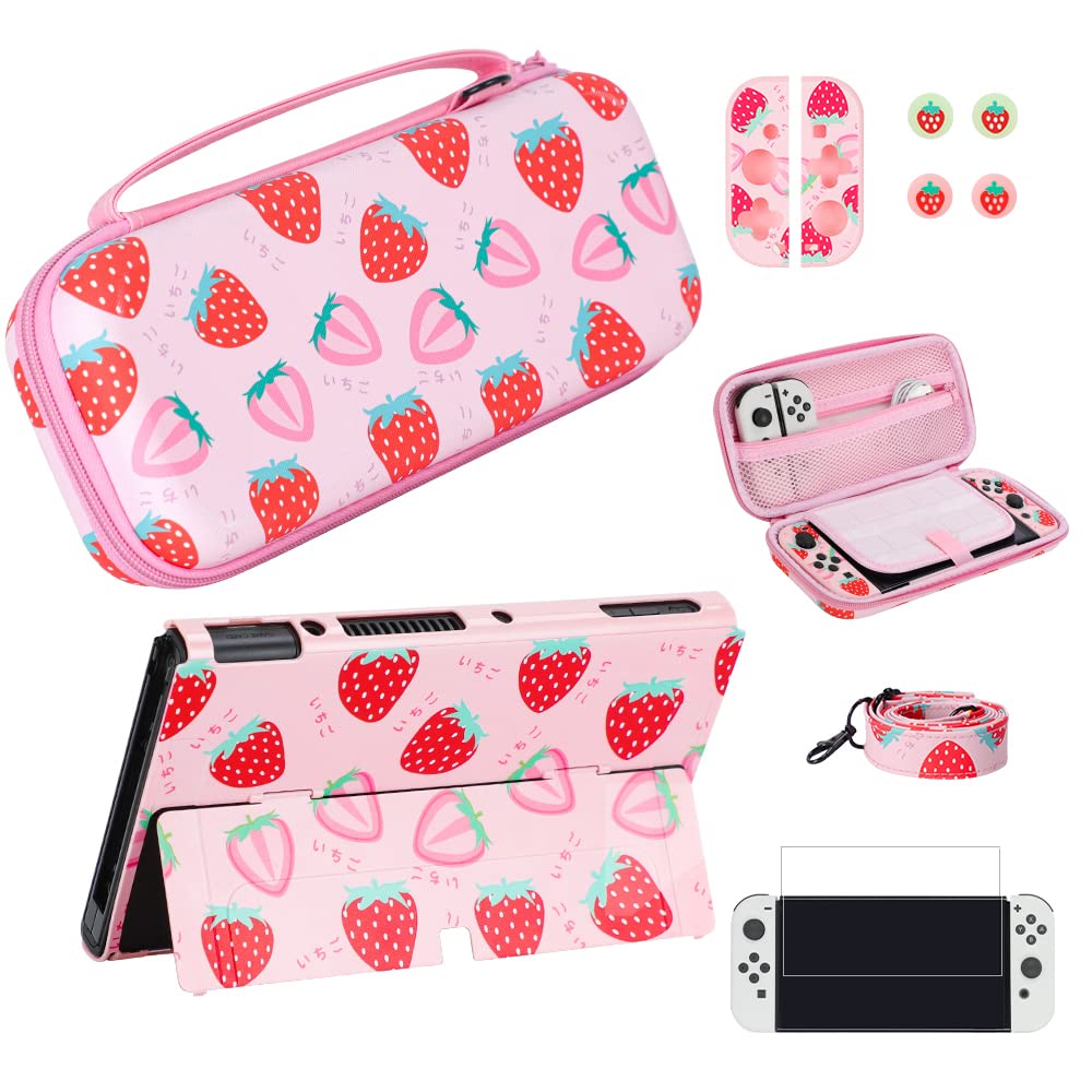 WELWEL Welwel Strawberry Carrying Case and Protective Case Compatible with Switch(OLED Model), switch accessories-Adjustable Strap, Screen Protectors, Thumb Grip caps, pink